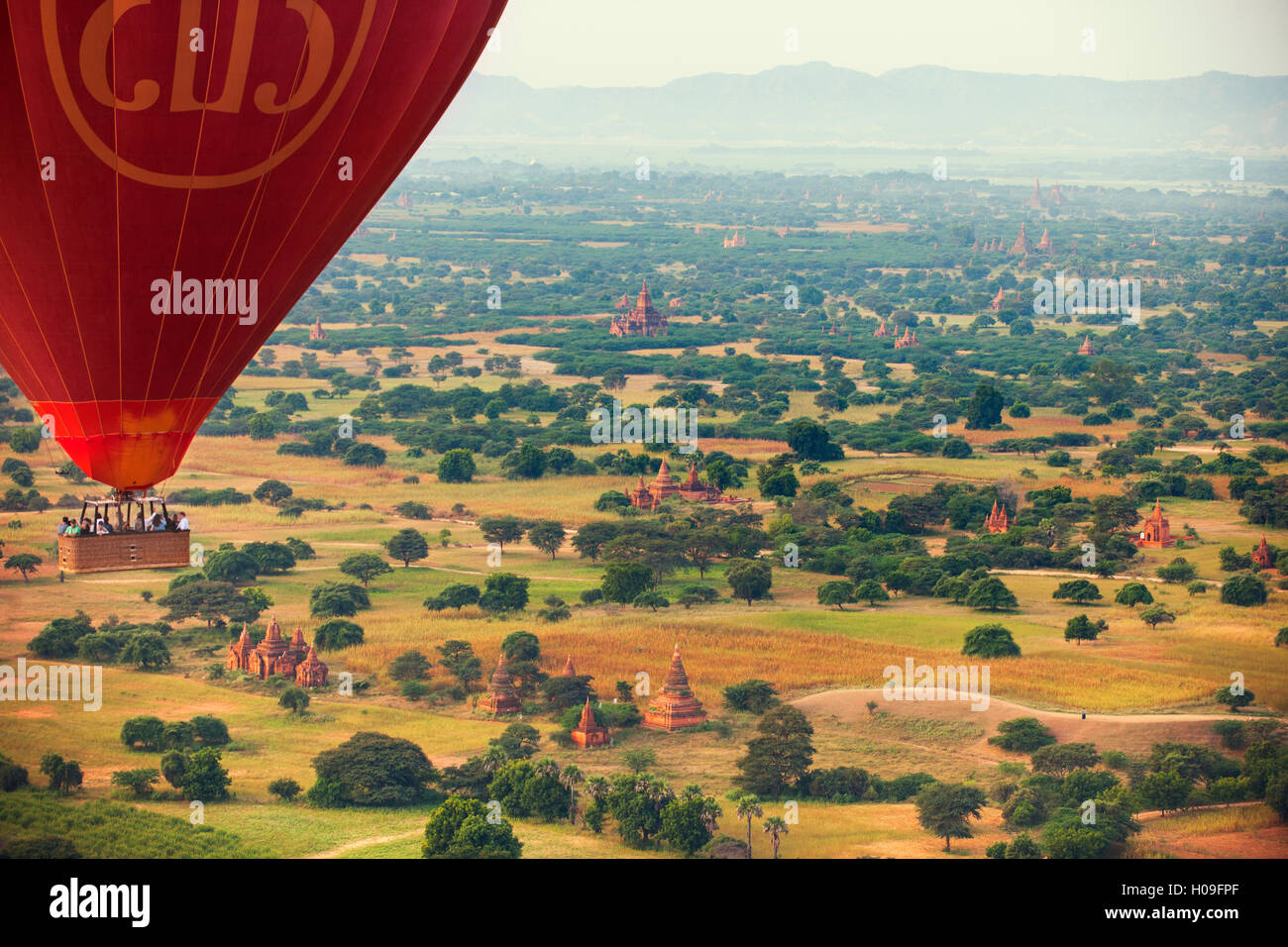 Hot air balloons over the ancient city of Bagan (Pagan), Myanmar (Burma ...