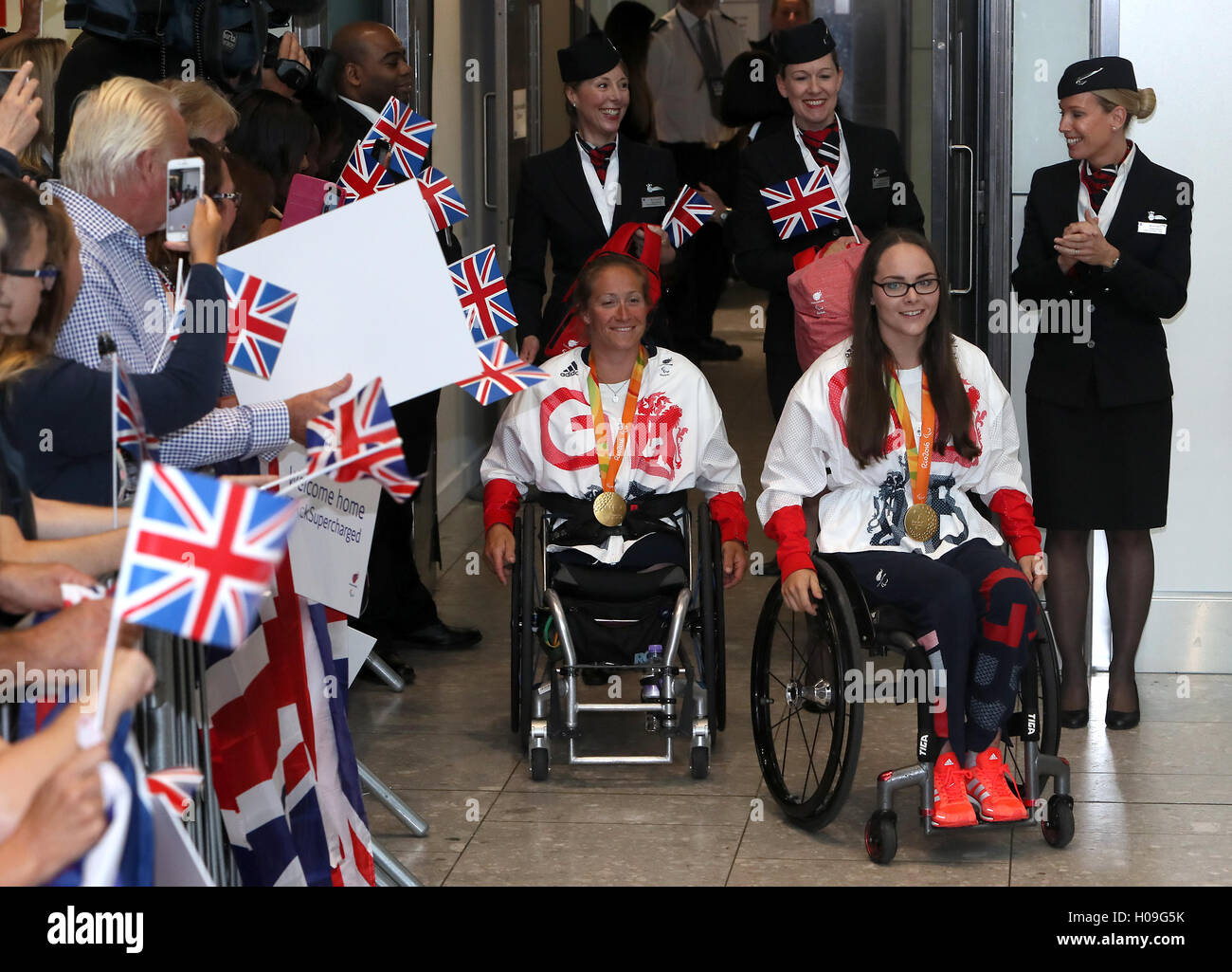 Great Britain's Rachel Morris (left) and Lauren Rowles arrive back at ...