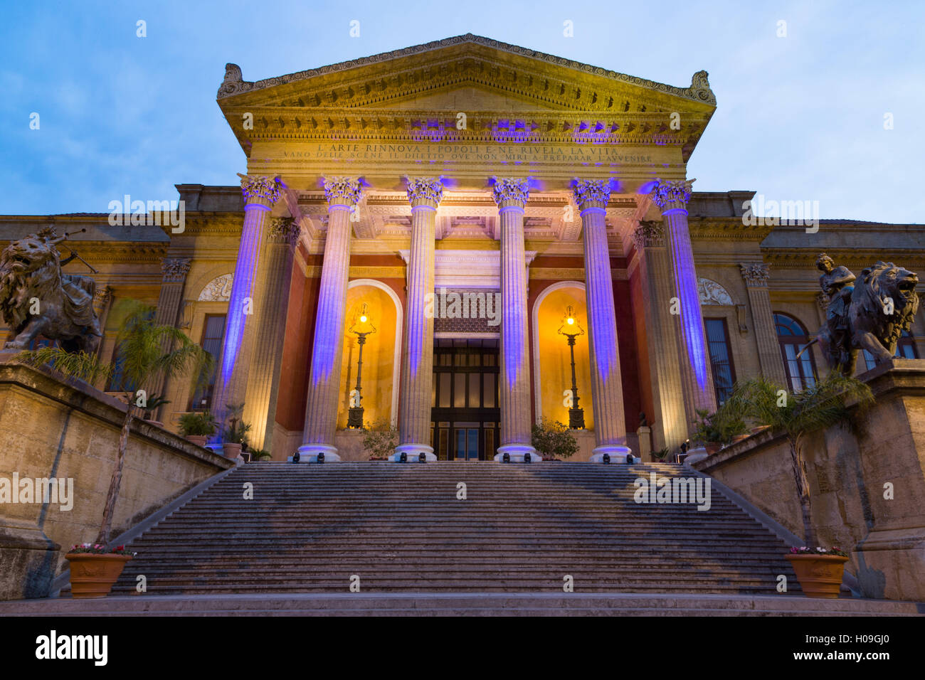 Entrance to Teatro Massimo at night, one of the largest opera houses in ...