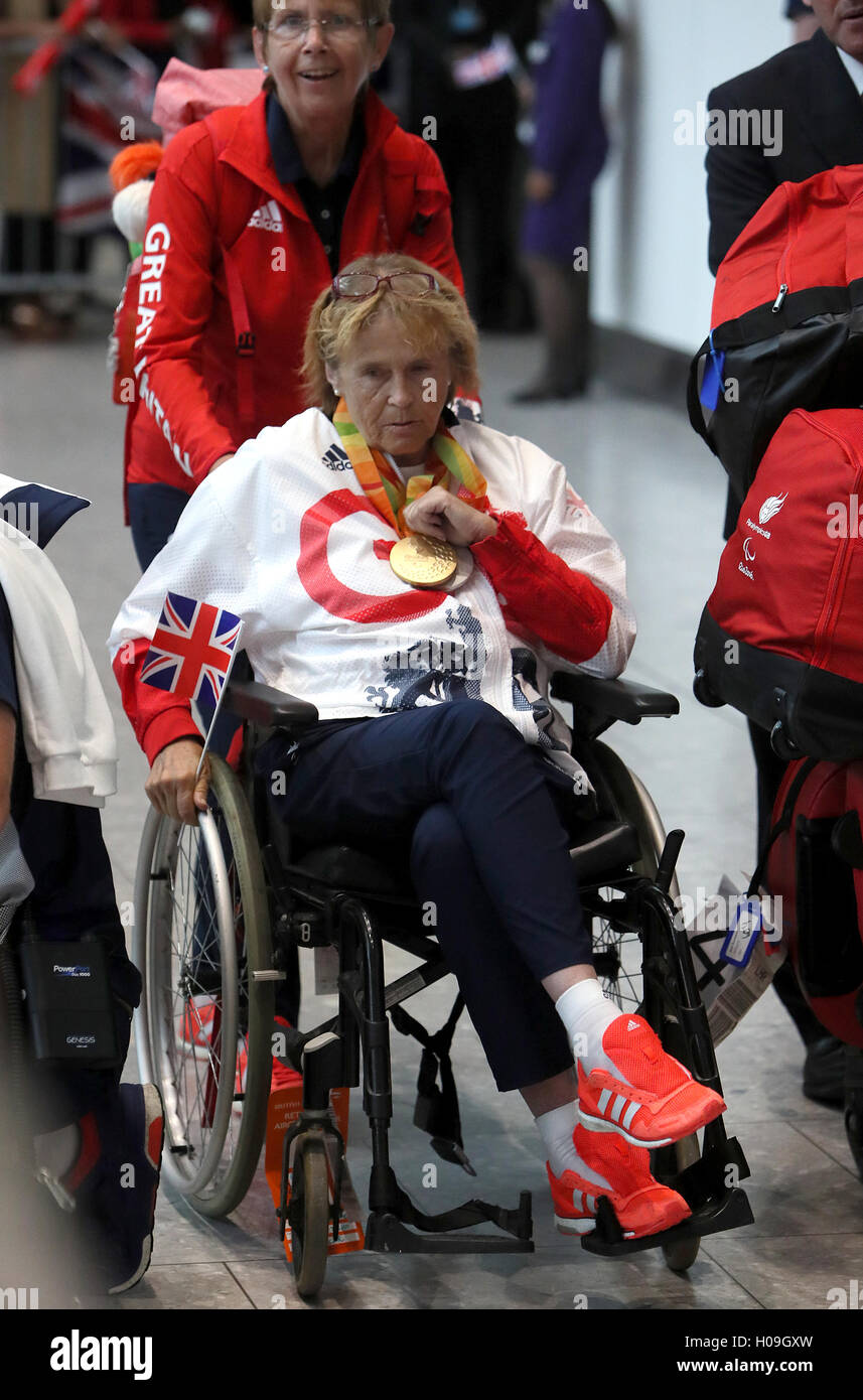 Great Britain's Anne Dunham arrive back at Heathrow Airport, London ...