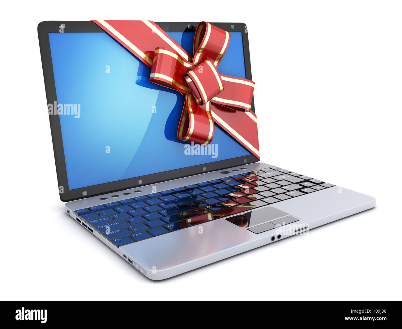 Laptop gift cgi and red ribbon (done in 3d rendering Stock Photo - Alamy
