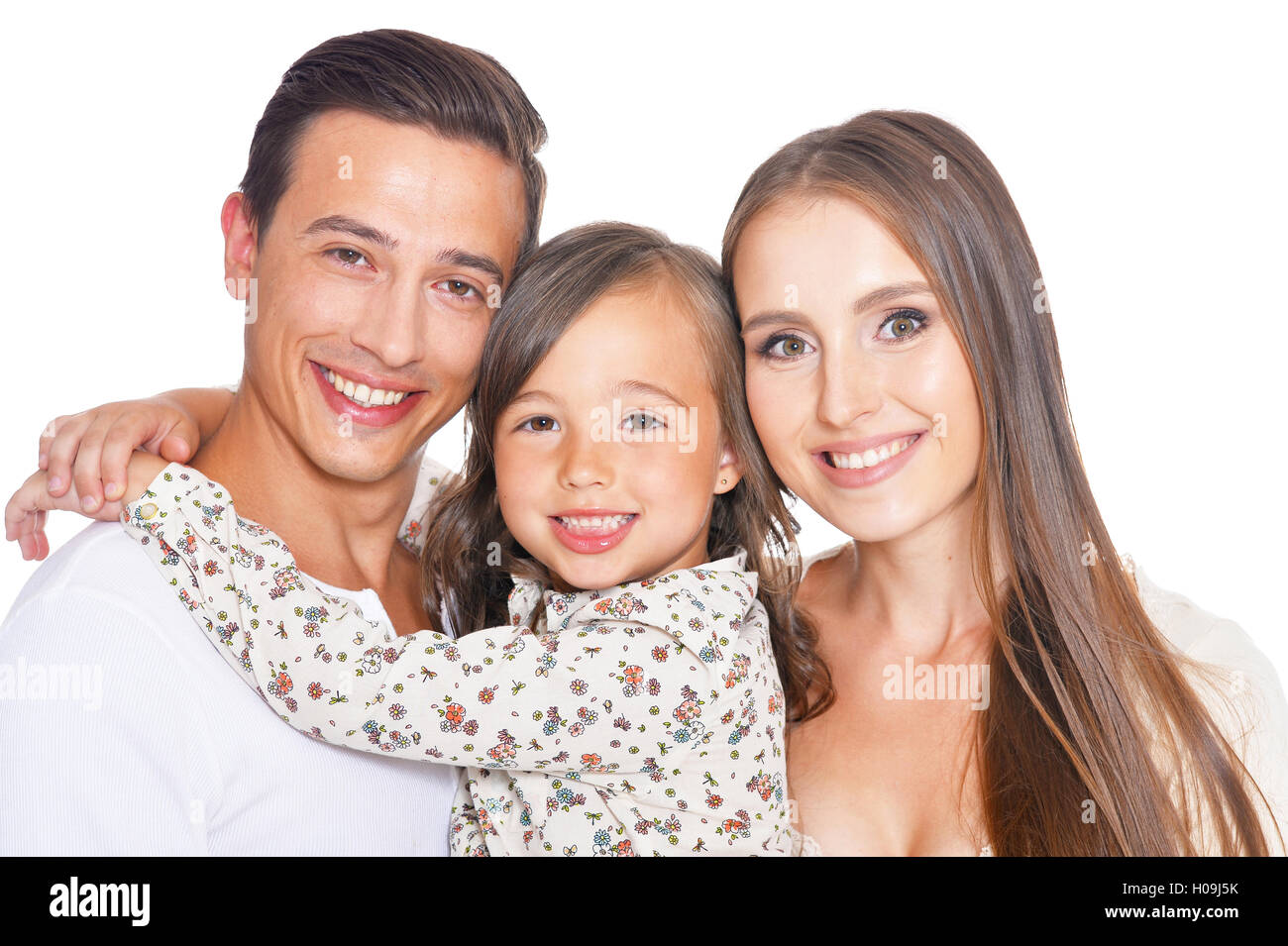 Happy family of three on white Stock Photo - Alamy
