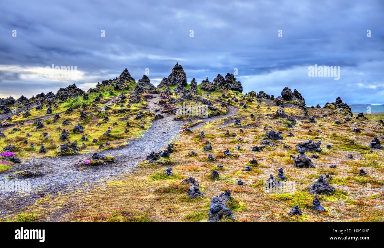 Laufscalavarda, a lava ridge, surrounded by stone cairns - Iceland ...