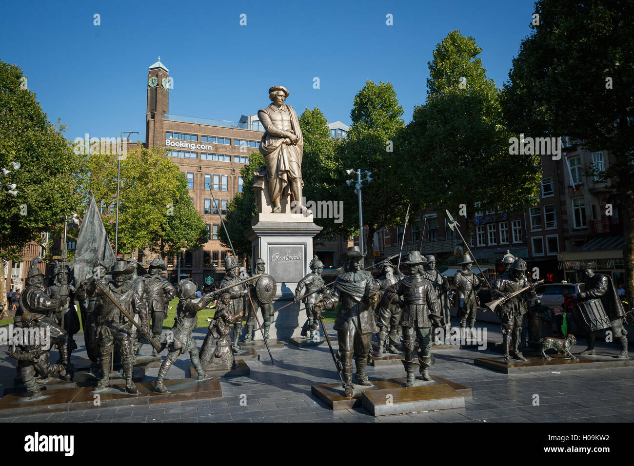 Statue of Rembrandt and sculpture of his painting The Night Watch in ...