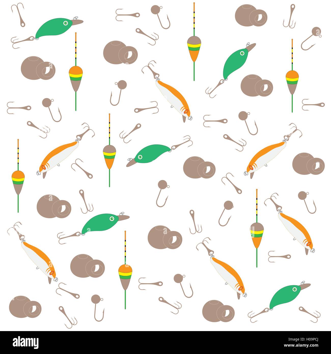 Interesting pattern with different tools for fishing on a white ...