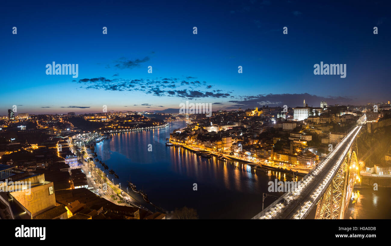 View over Porto with illuminated Ponte Dom Luís I Bridge across River ...