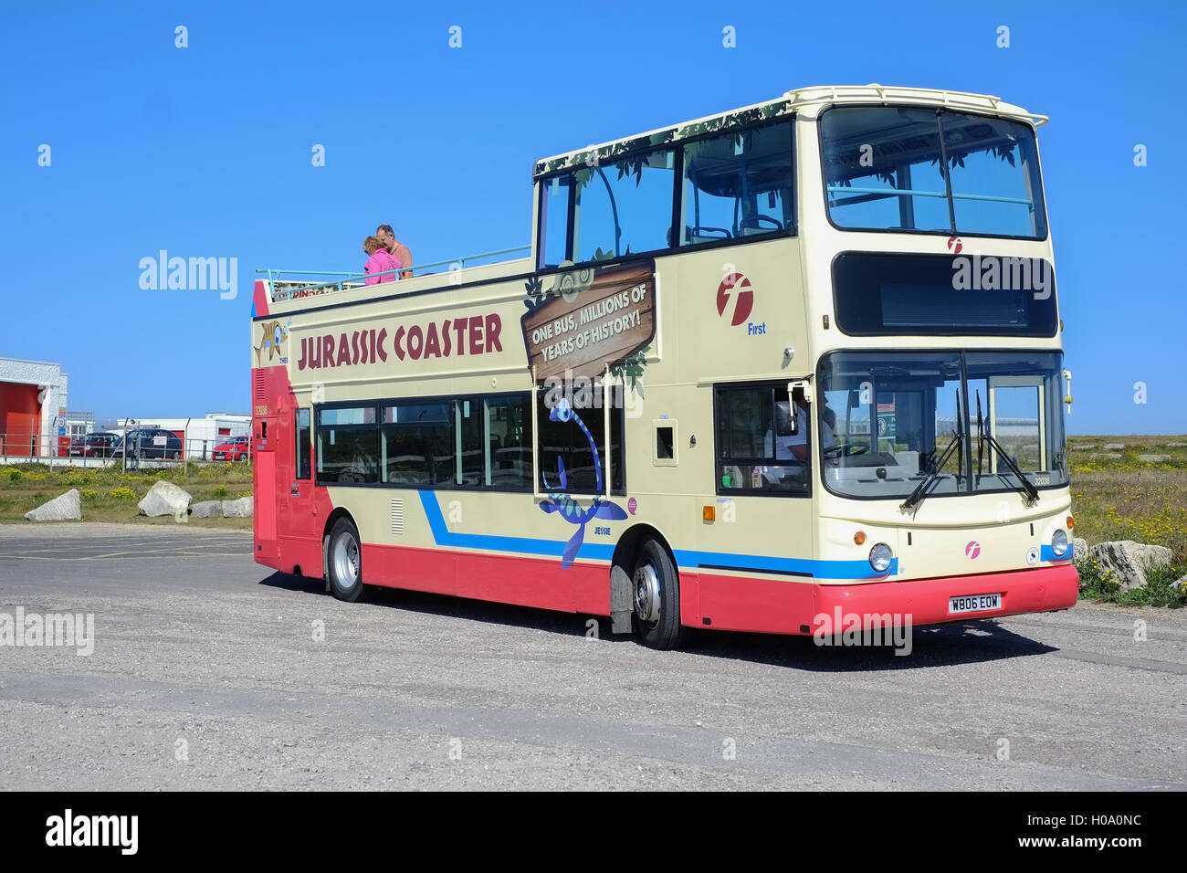 open top bus, Portland Bill Stock Photo - Alamy