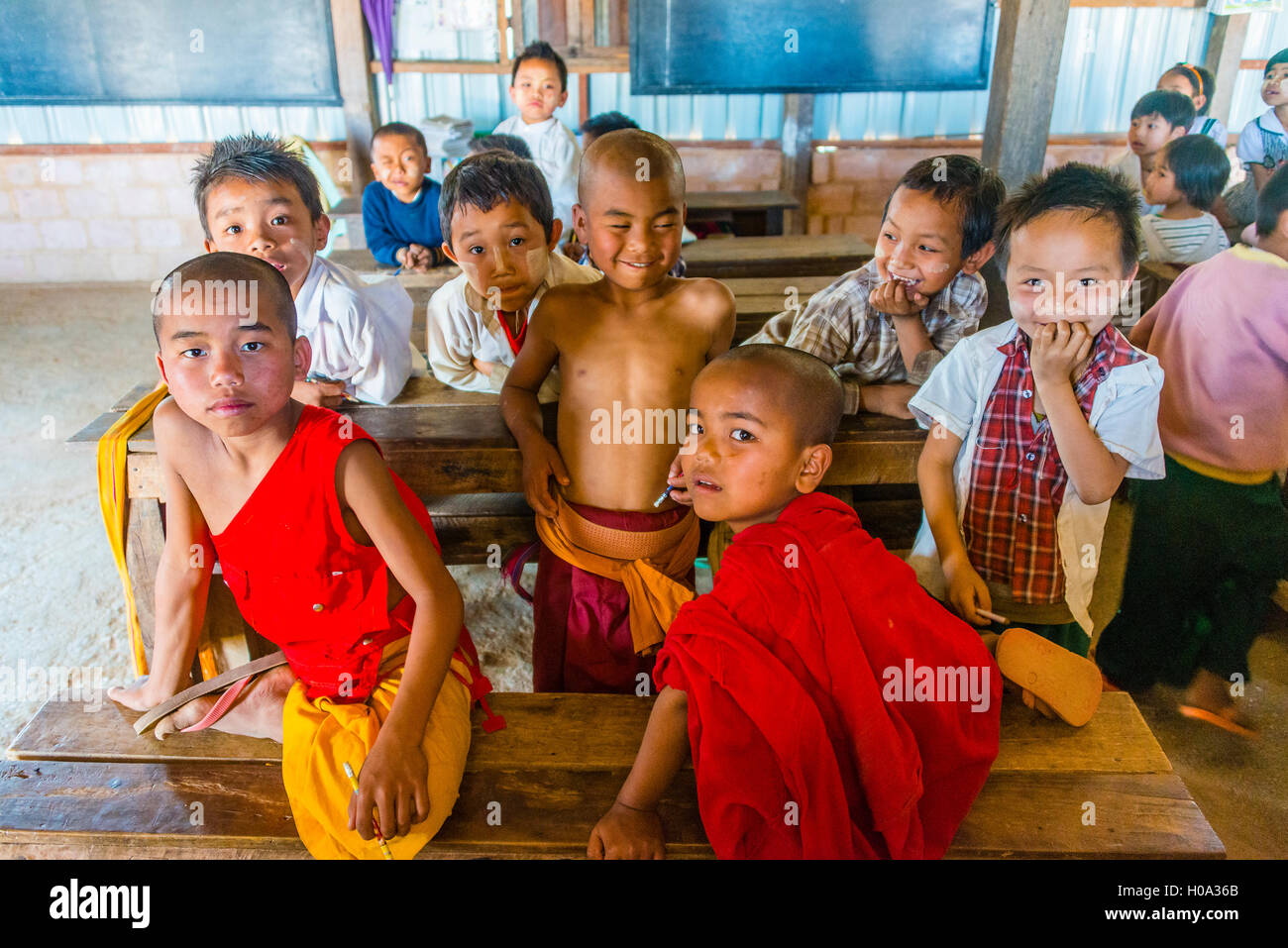 School children sitting at their desks, classroom, Shan State, Myanmar ...