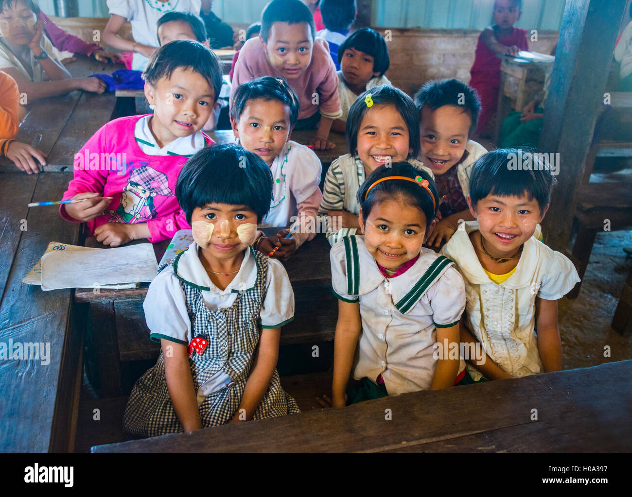 School children sitting at their desks, classroom, Shan State, Myanmar ...