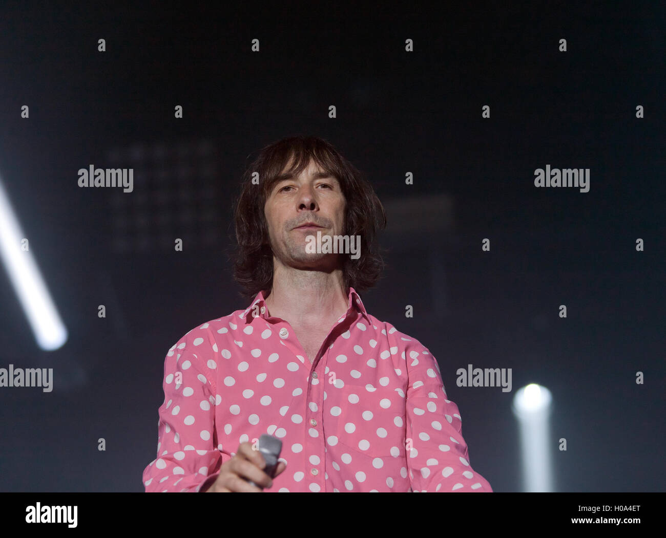 Close-up of Bobby Gillespie, lead singer of Primal Scream, headlining ...