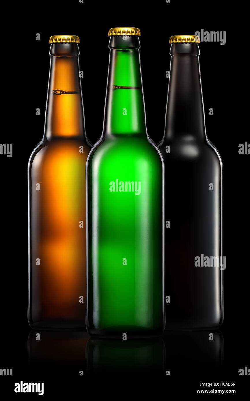 Set of beer bottles isolated on black background Stock Photo - Alamy
