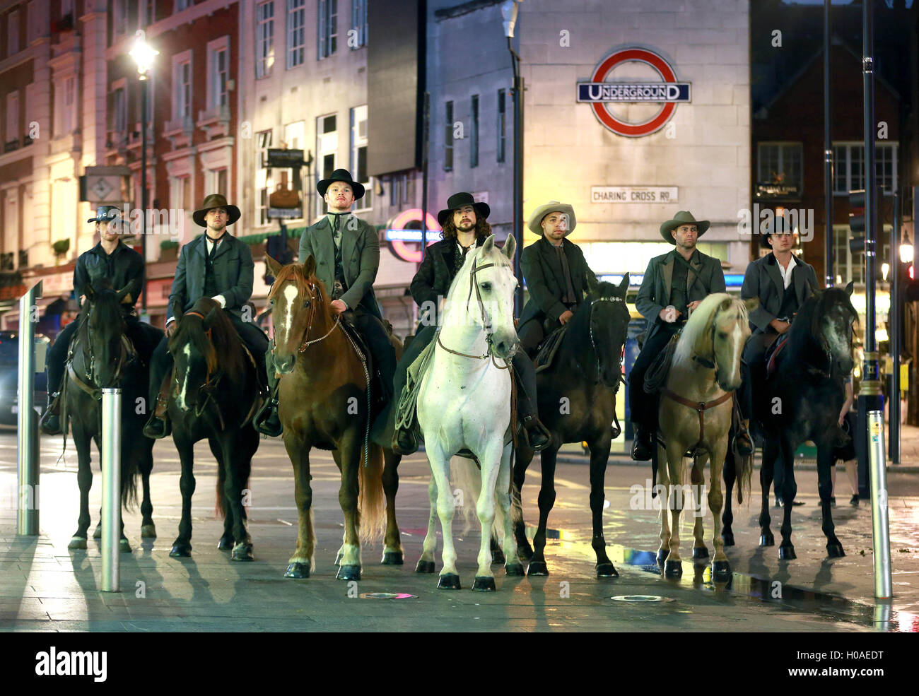 EDITORIAL USE ONLY Seven horse riders, dressed as cowboys, arrive in ...