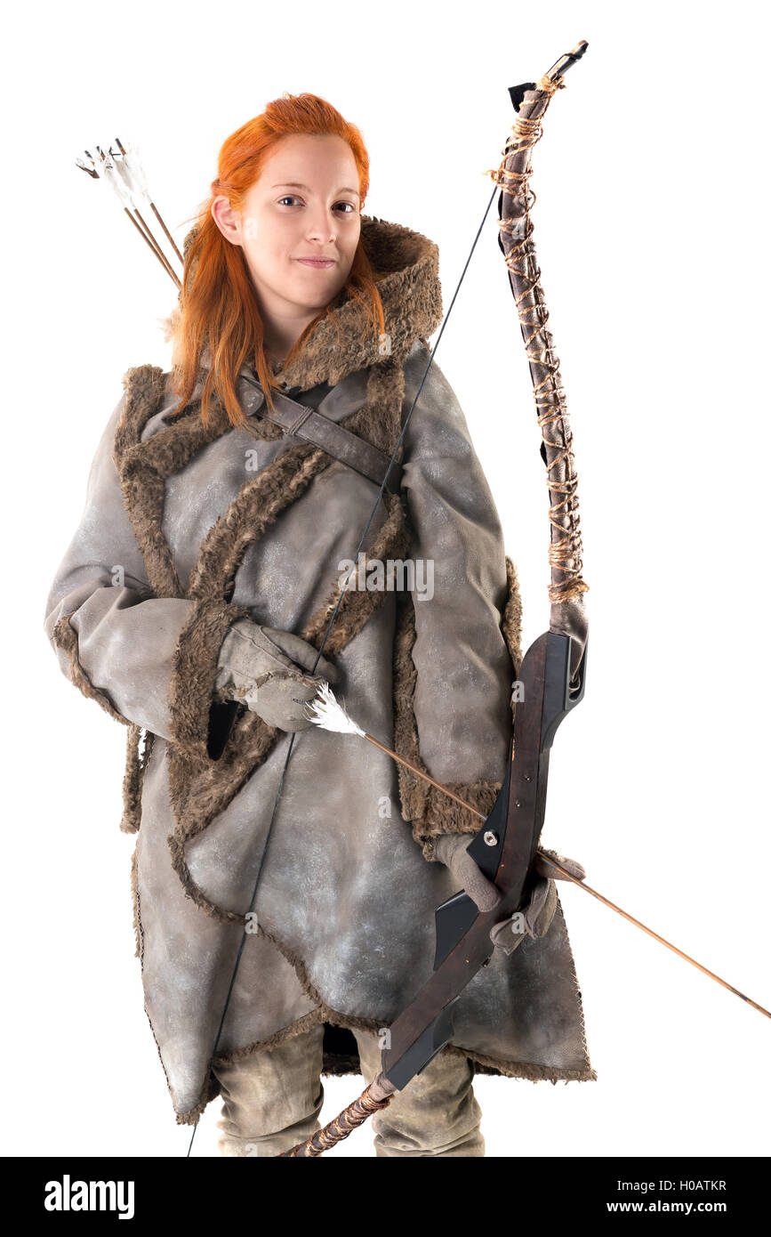 girl archer in a costume with bow isolated in white Stock Photo - Alamy
