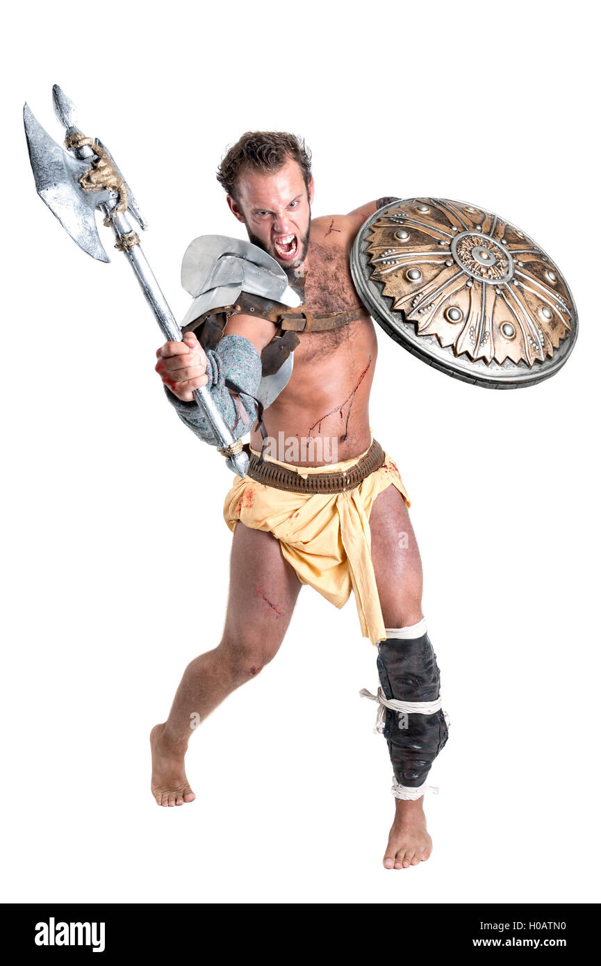 Ancient warrior or Gladiator isolated in a white background Stock Photo ...