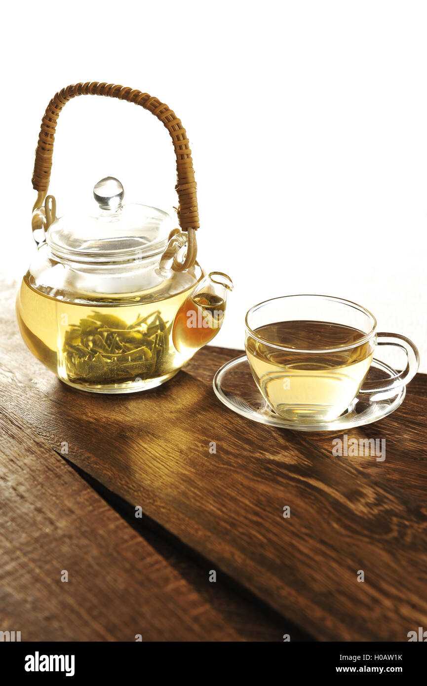 Set of green tea cup on wooden table in white background Stock Photo ...