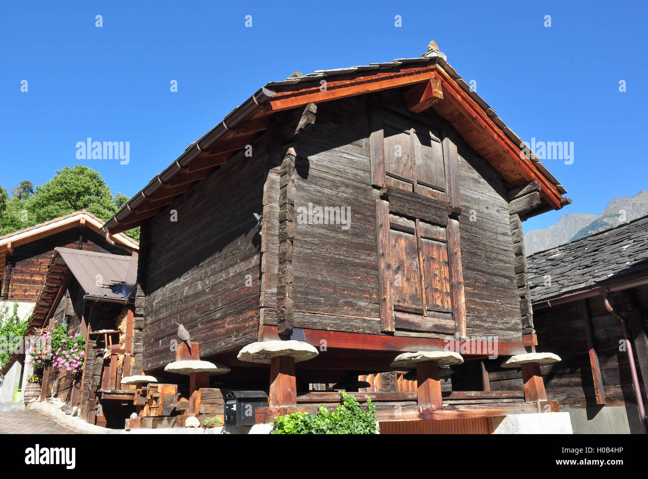 Traditional architecture. Barns raised off ground, Naters (near Brig ...