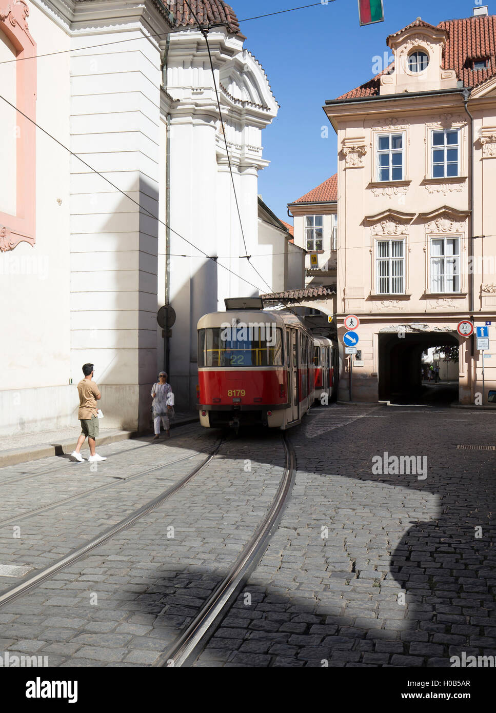 A tram passes by buildings in Prague Czech Republic Stock Photo - Alamy