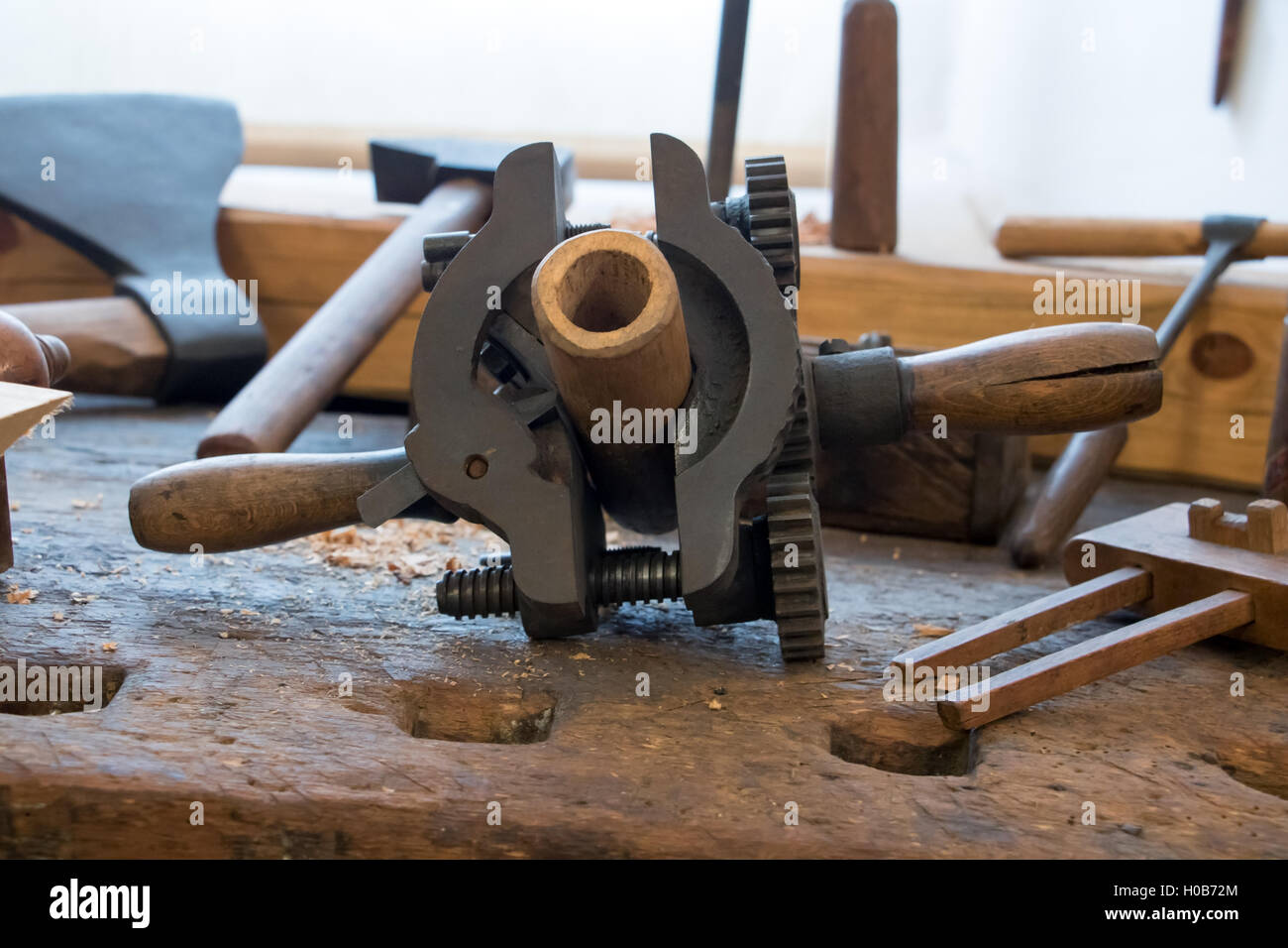 The clamping mechanism on the table in a carpentry workshop Stock Photo ...
