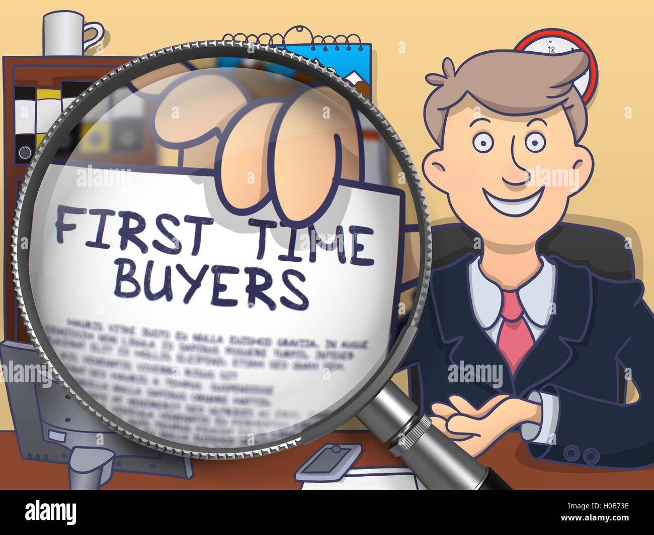 First Time Buyers through Magnifier. Doodle Design Stock Photo - Alamy