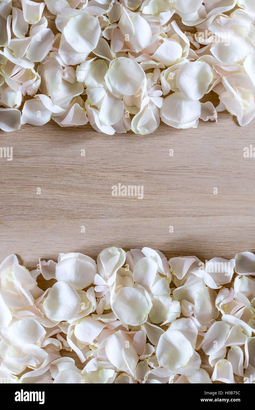 Frame made of white rose petals on wooden background with space for ...