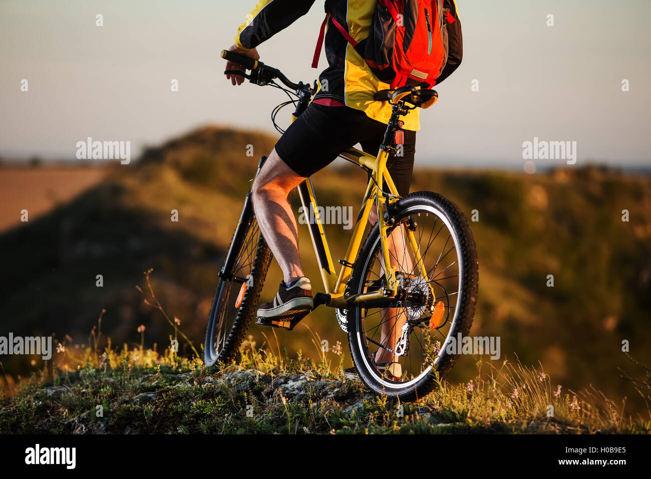 Rear View of a Sporty Man Riding a Bicycle on the Country Road. Healthy ...