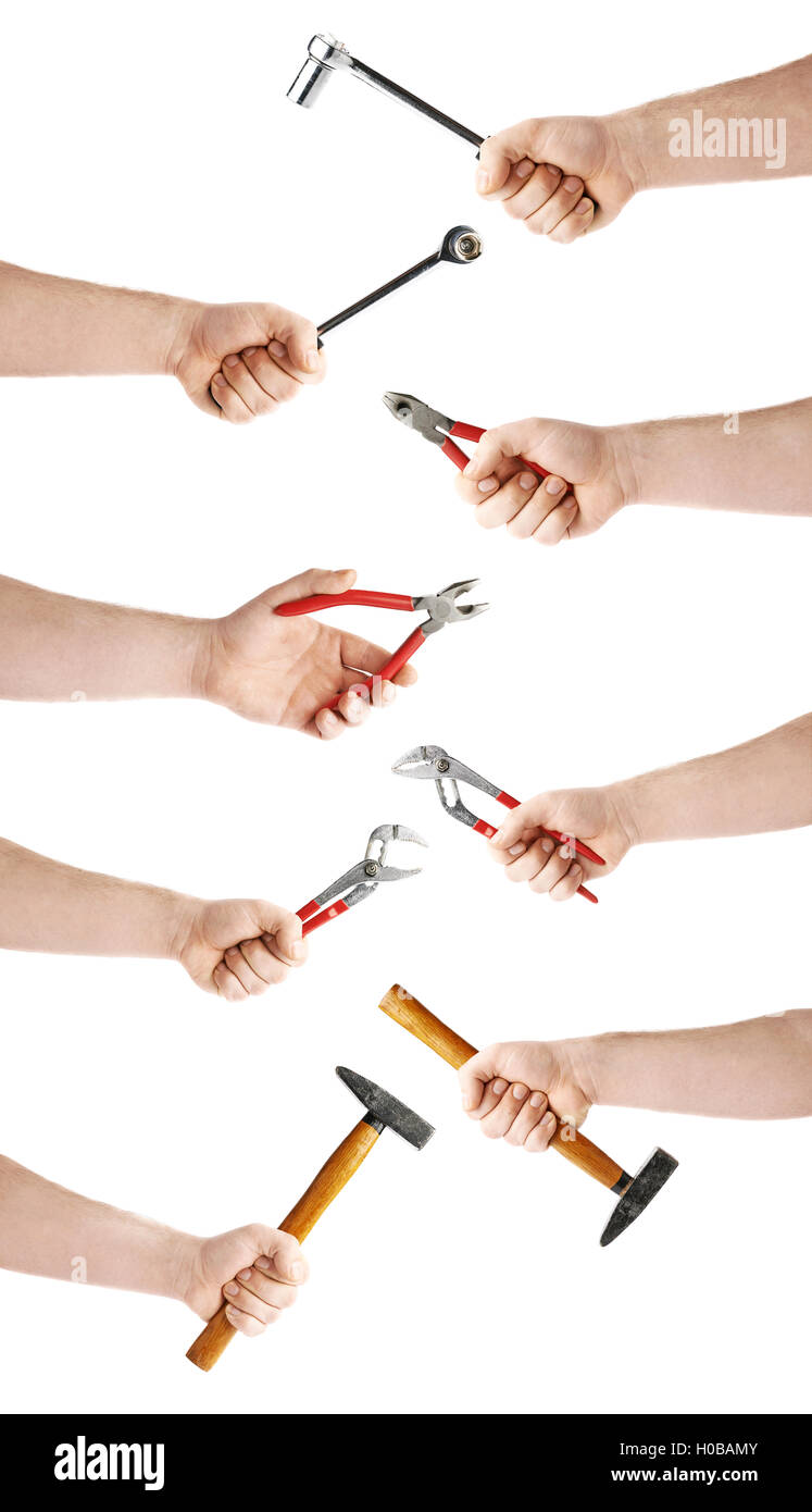 Set of hand holding a socket working tool, composition isolated over ...