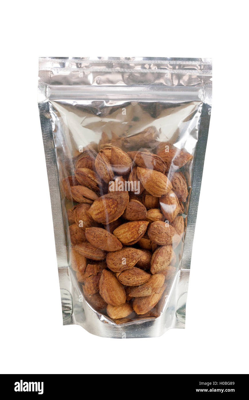 Almonds are roasted no peeled in packaging foil zip lock bag. Isolated ...