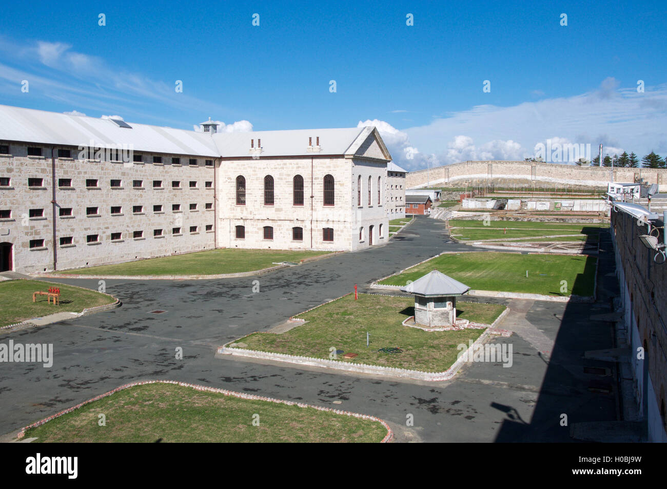 Elevated view over the historic Fremantle Prison with limestone ...
