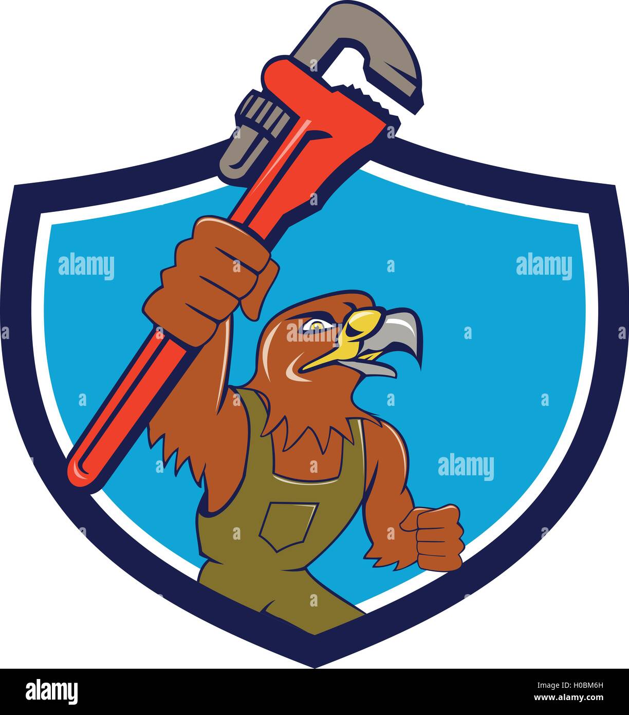 Illustration of a hawk mechanic raising up pipe wrench spanner set ...