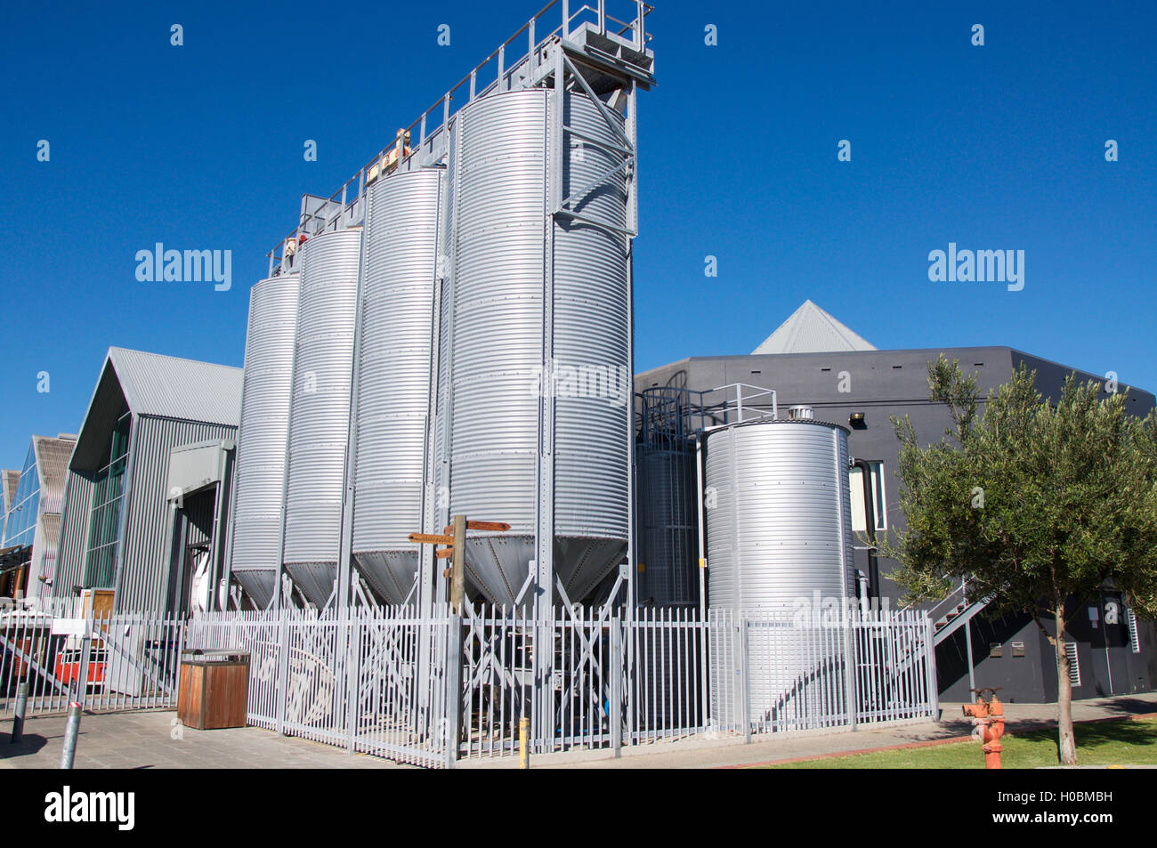 Large silver, conical fermentation vats outside the Little Creatures ...