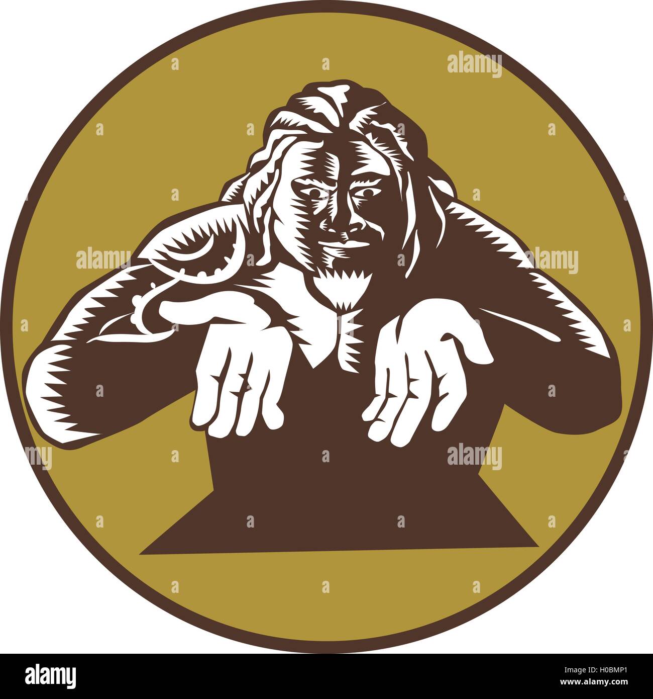 Illustration of Samoan legend god Tagaloa facing front with arms out set inside circle done in ...