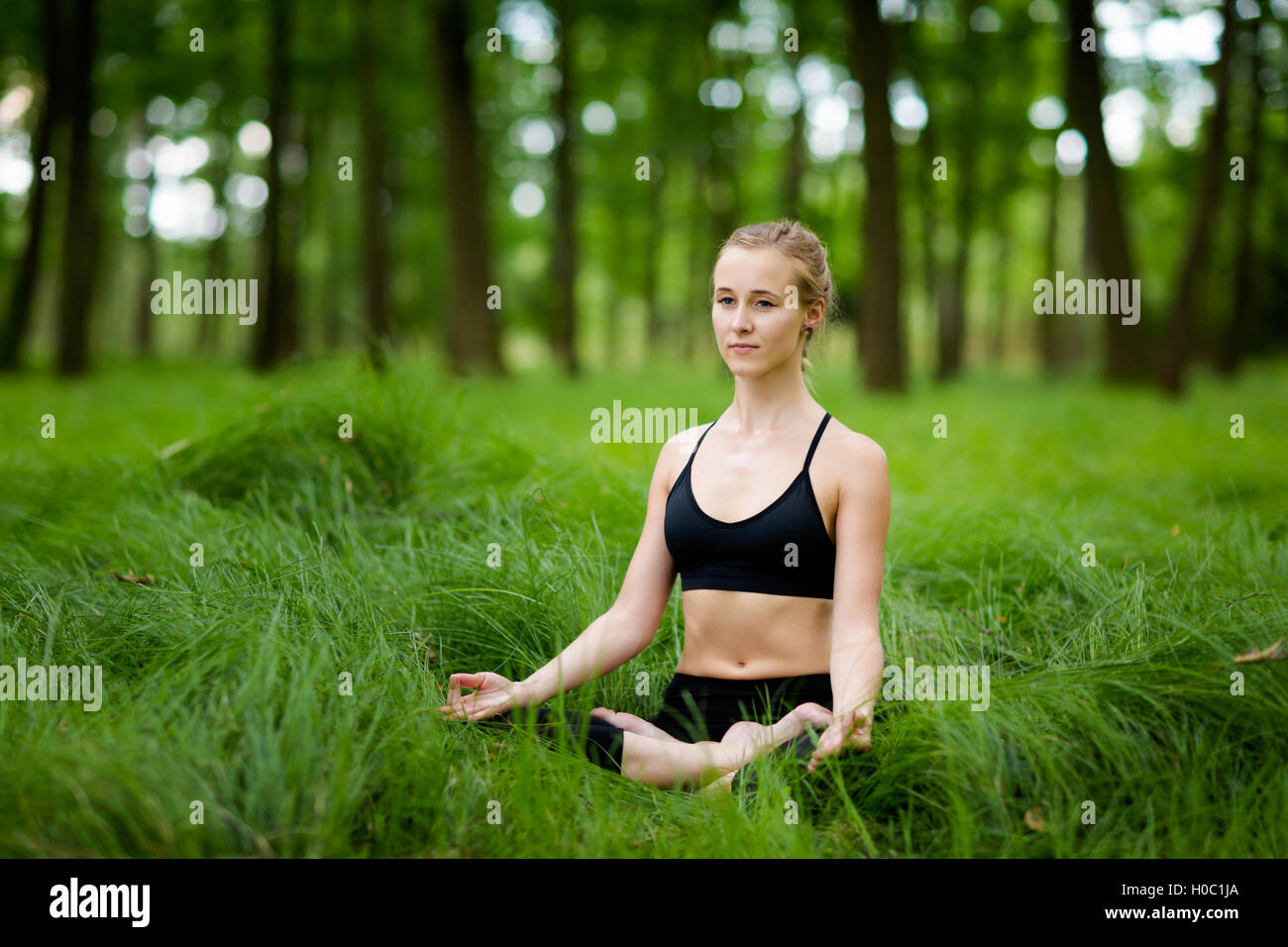 Nature yoga session in beautiful green polish woods, between trees ...