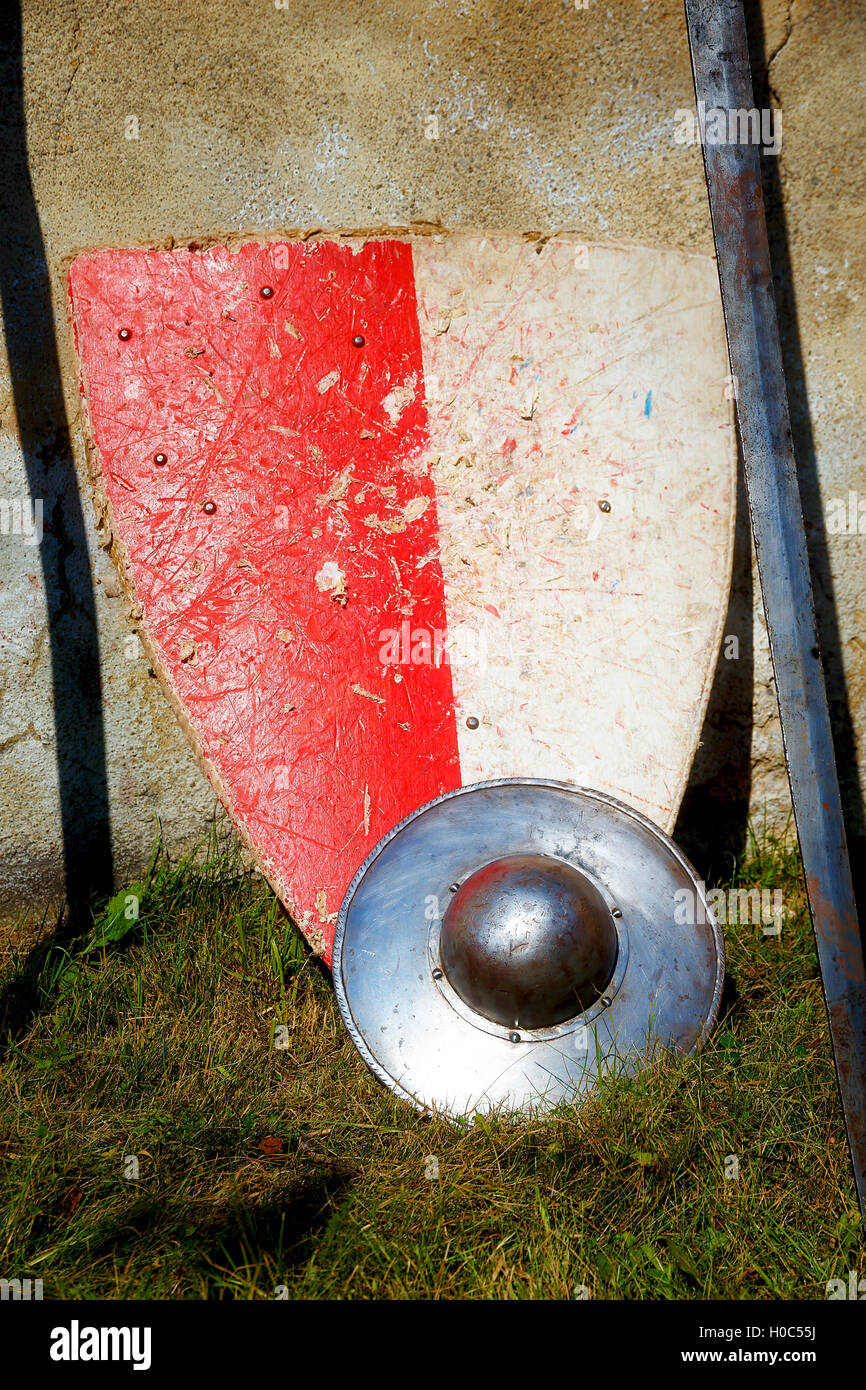 set of middle age style weapons, sword and shield Stock Photo - Alamy