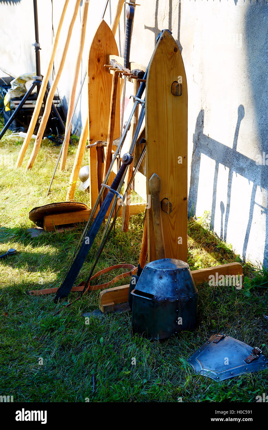 set of middle age style weapons, parts of knight armor Stock Photo - Alamy