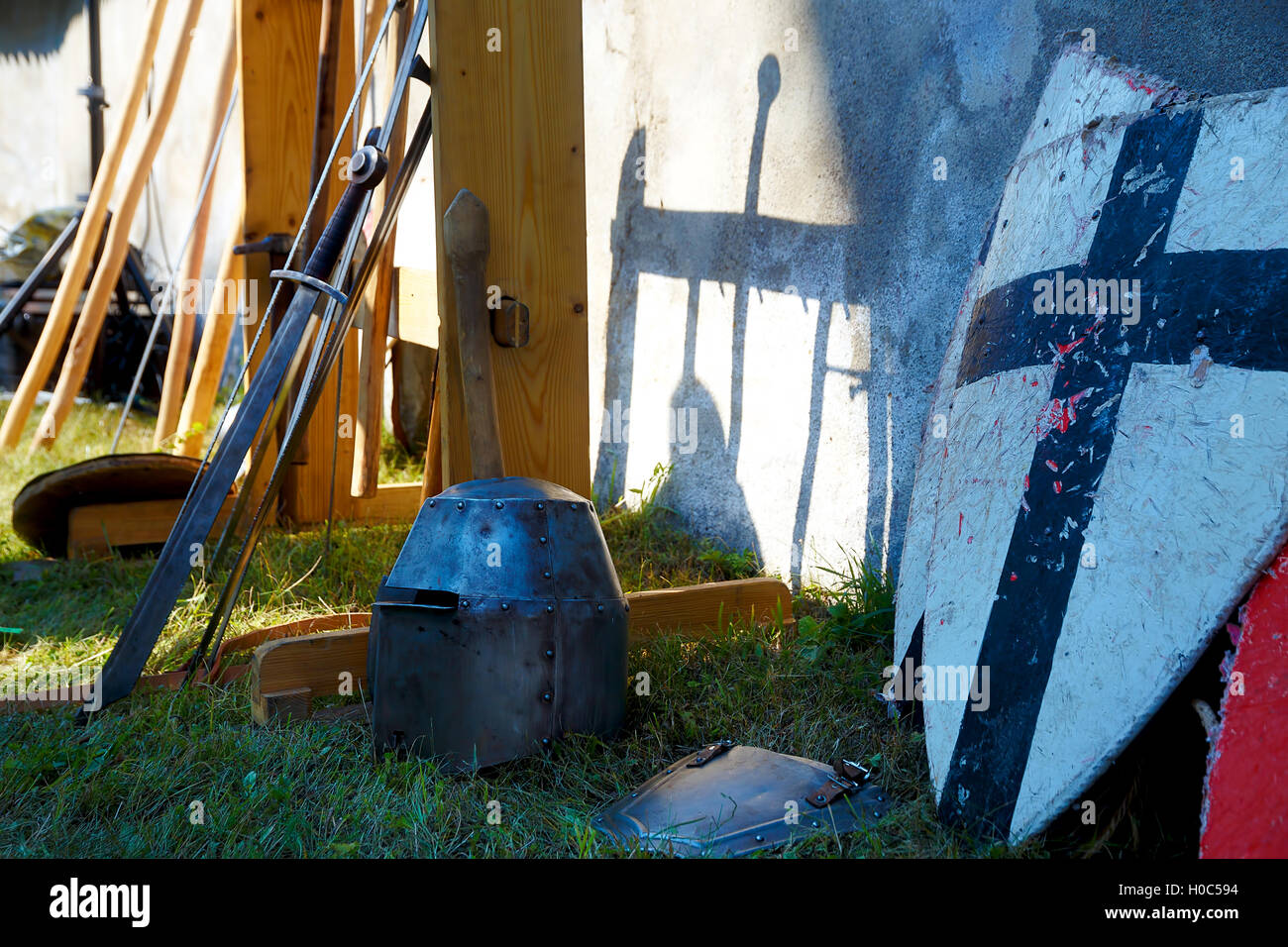 set of middle age style weapons, parts of knight armor Stock Photo - Alamy