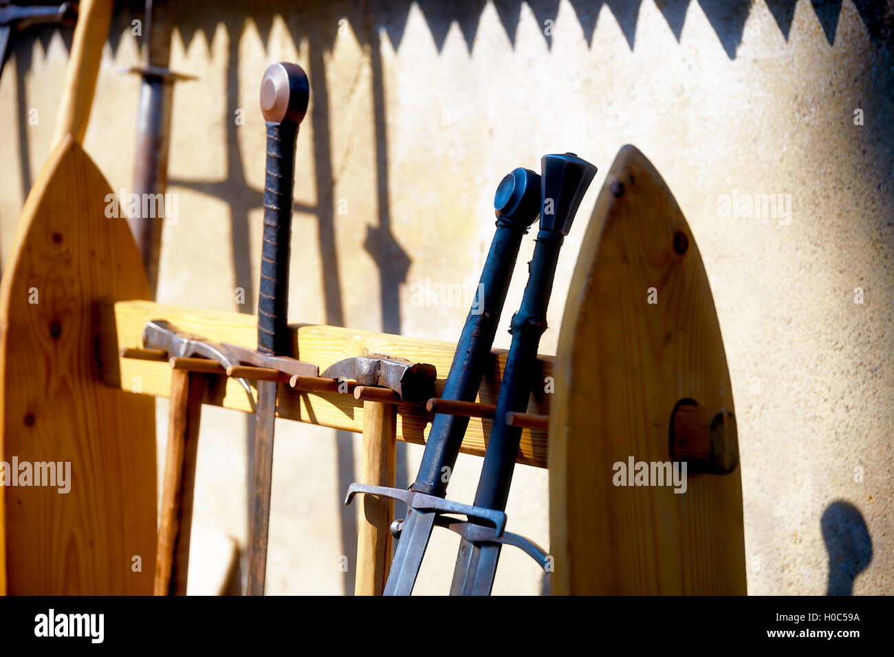 set of middle age style weapons, parts of knight armor Stock Photo - Alamy