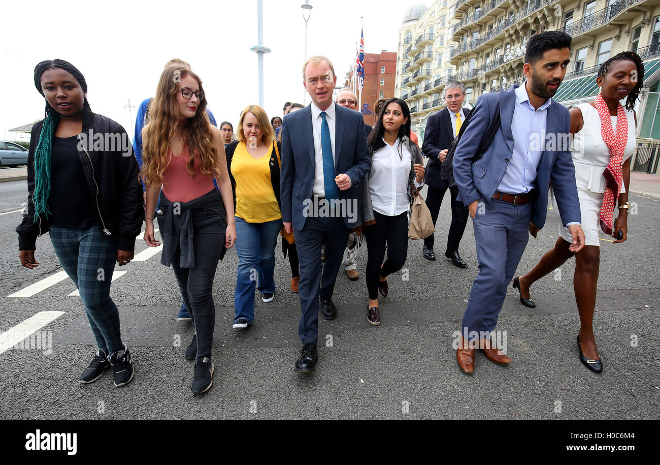 Liberal Democrat Leader Tim Farron (centre), accompanied by party ...