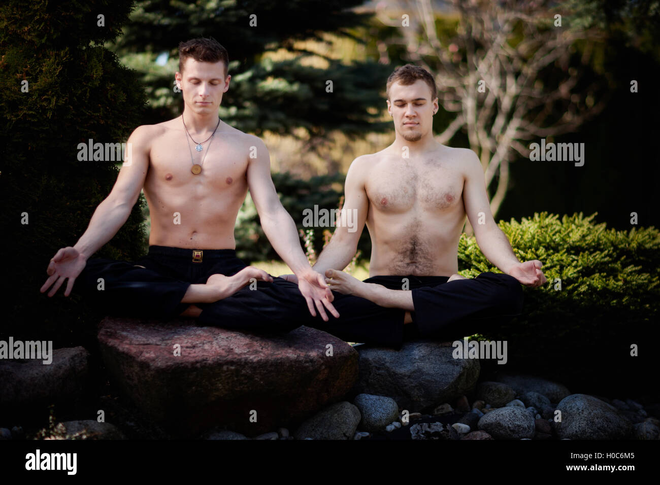 Outdoor yoga session in beautiful garden - two young man meditating ...