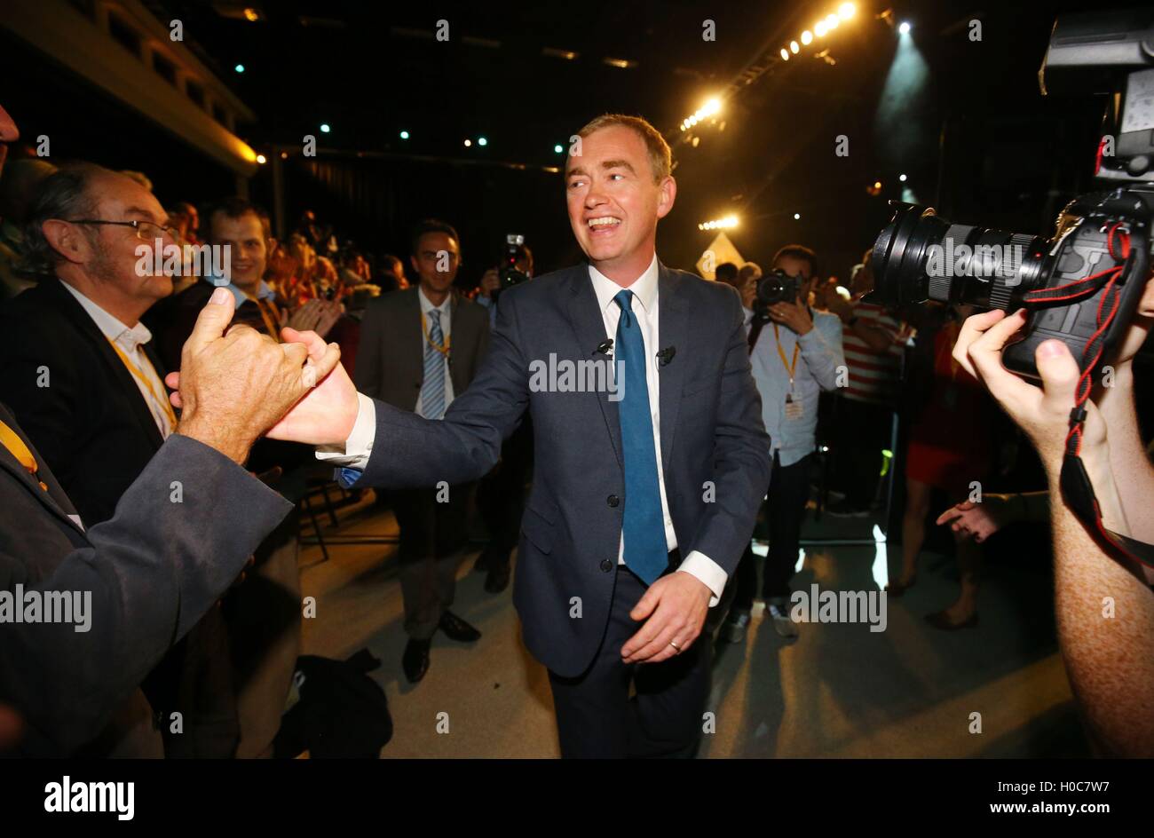Liberal Democrat Leader Tim Farron is congratulated after he delivered ...
