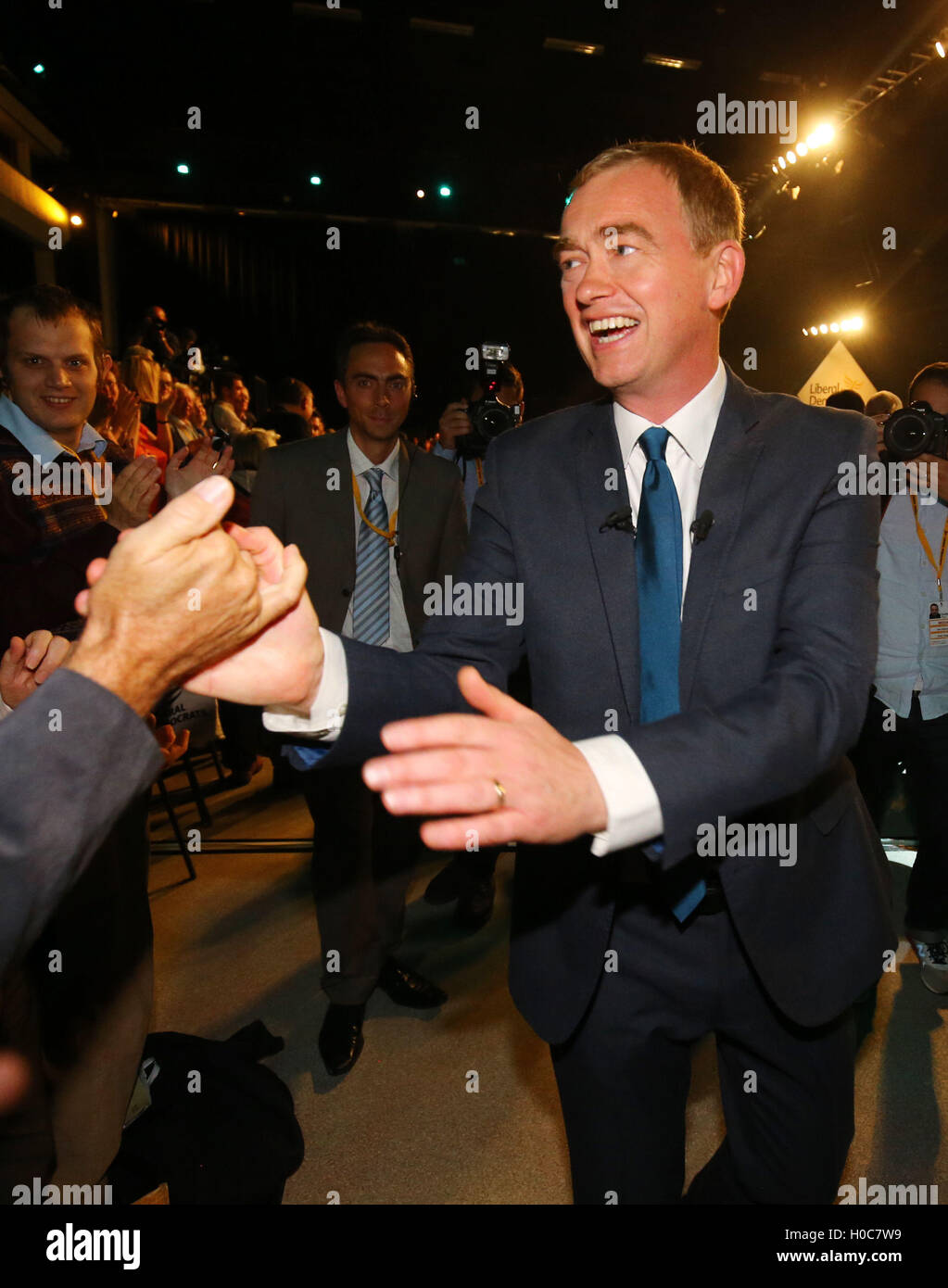 Liberal Democrat Leader Tim Farron is congratulated after he delivered ...