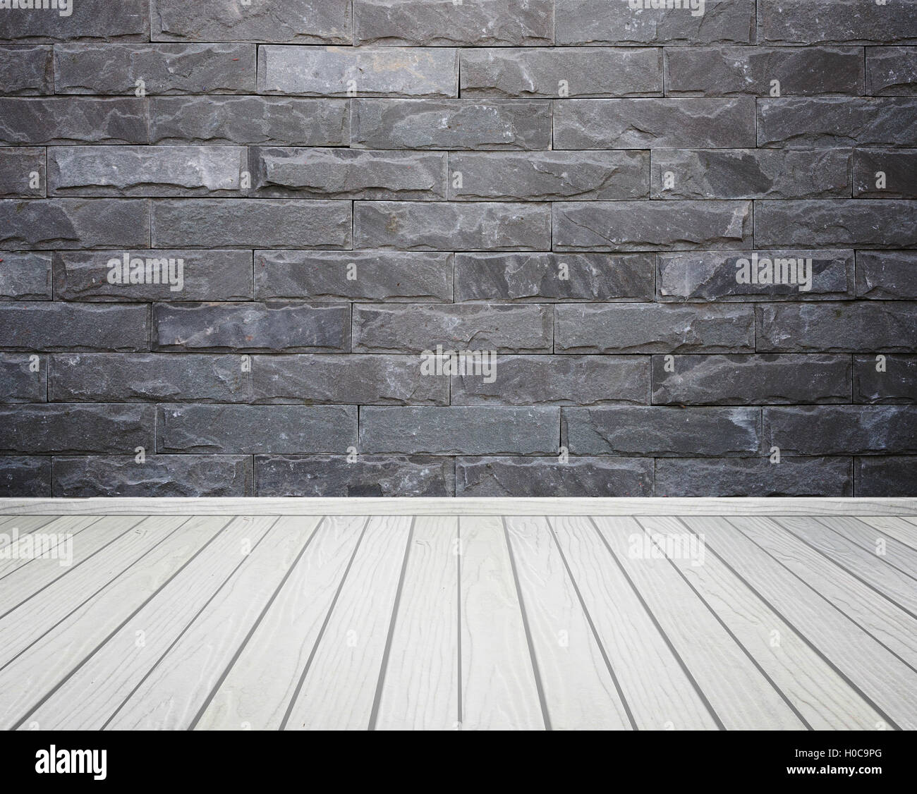 empty room interior with brick stone tiles wall and wood floor ...