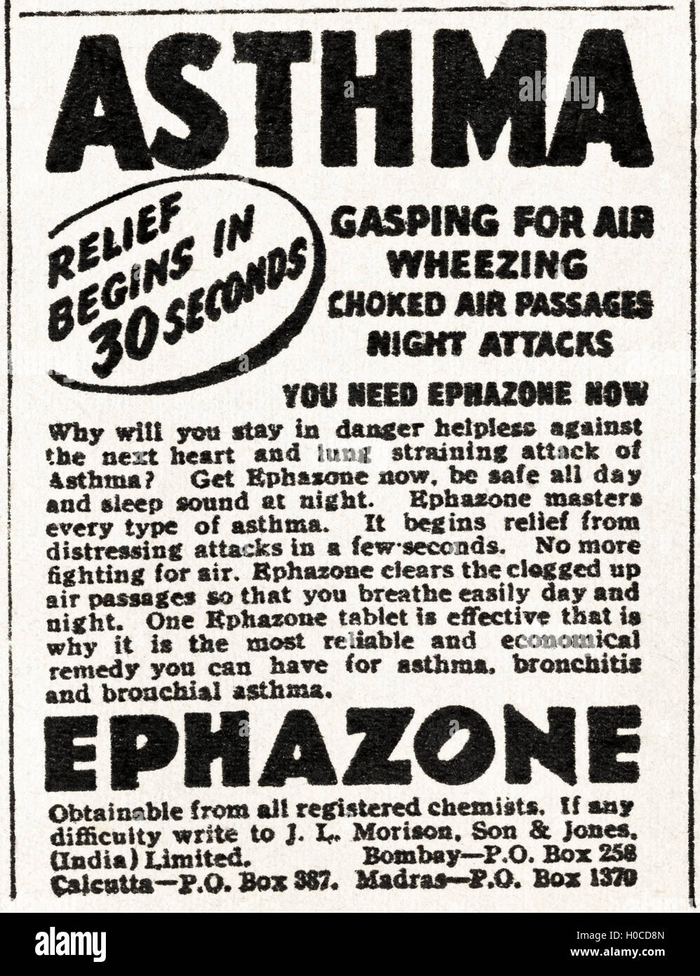 Advertisement advertising Ephazone of Bombay & Calcutta for asthma ...
