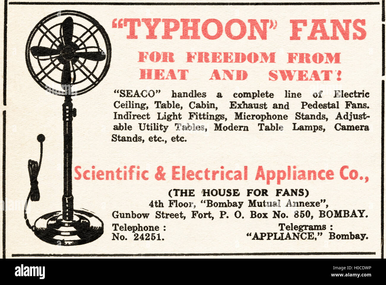 Advertisement advertising Typhoon Fans of Bombay original old vintage ...