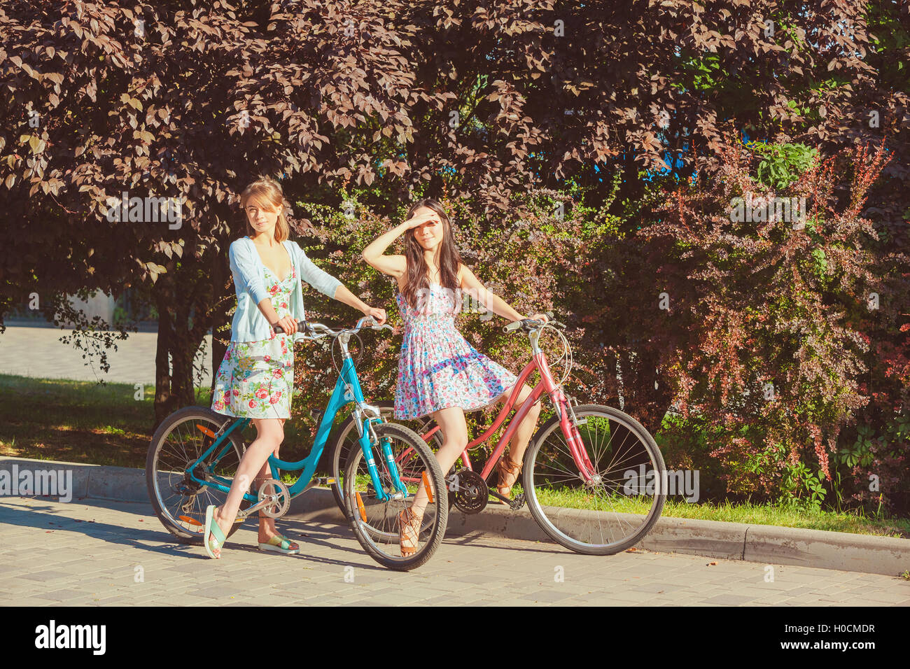The two young girls with bicycles in park Stock Photo - Alamy