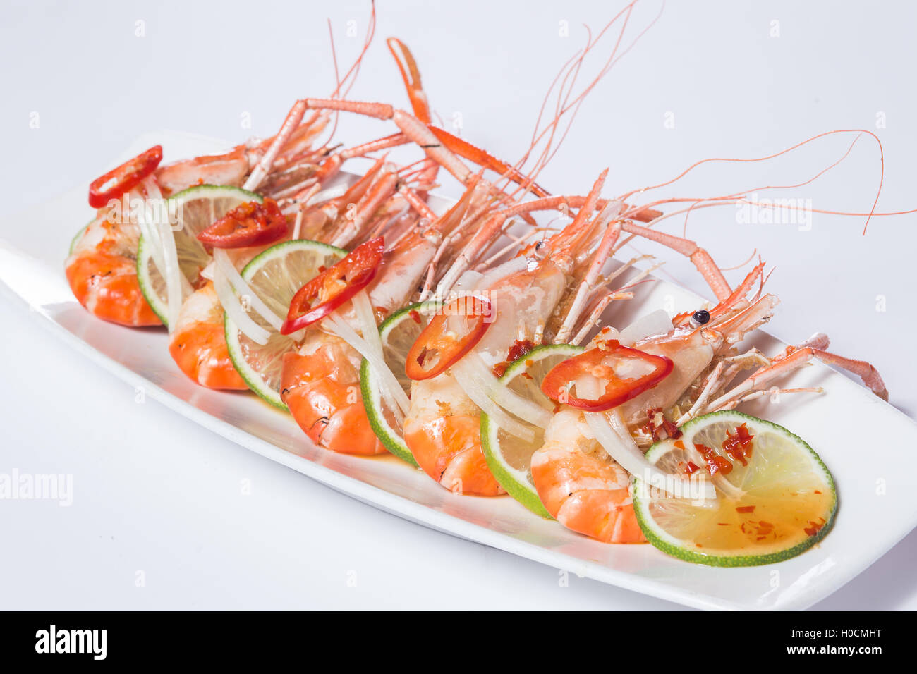 Fried giant freshwater prawn in Mekong style uith lemon and chili on ...