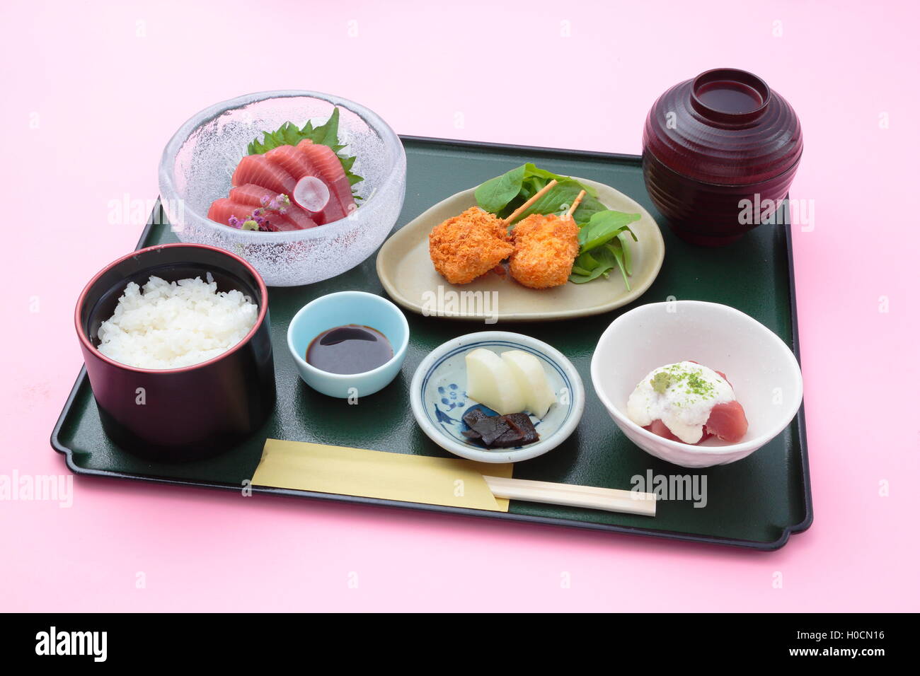 Tray meal of Japanese style with rice, sushi and soy sauces Stock Photo ...