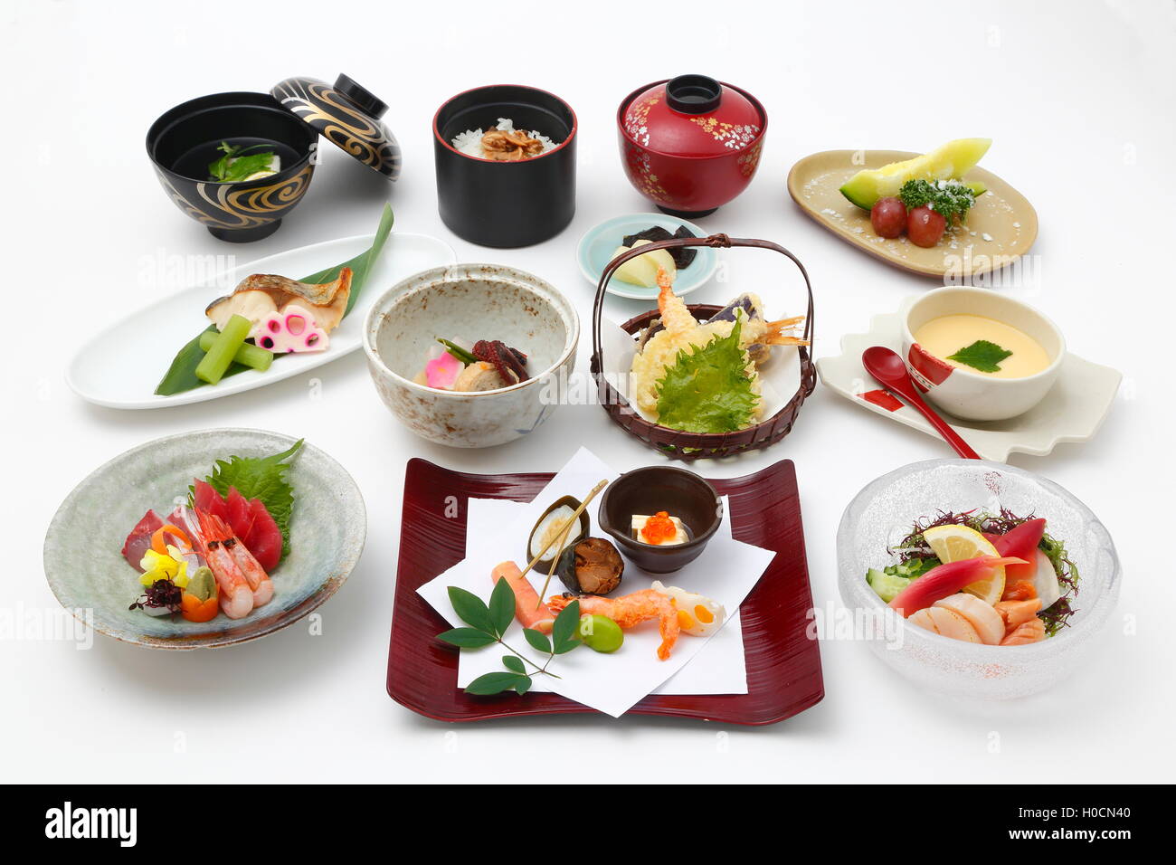 Tray meal of Japanese style with rice, sushi and soy sauces Stock Photo ...