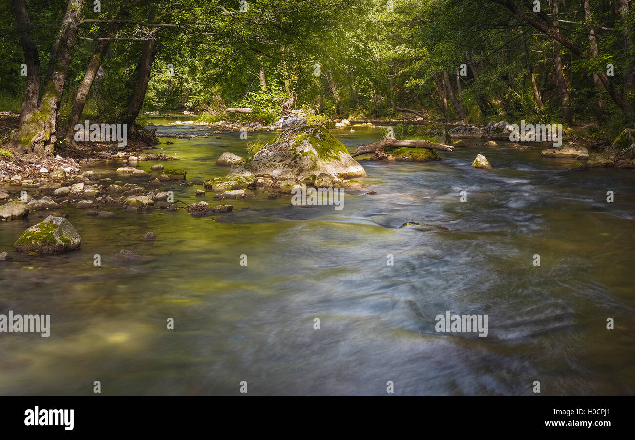 Gradac river gorge.Long exposure of white water rapids and waves with ...
