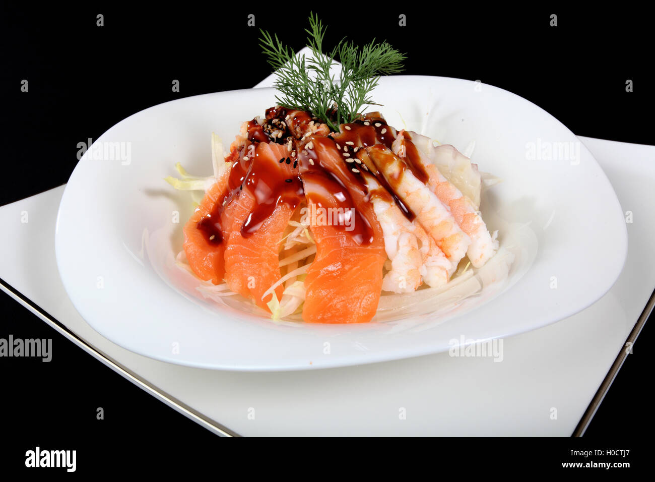 dish of Japanese cuisine meat, rice, fish and vegetables Stock Photo ...