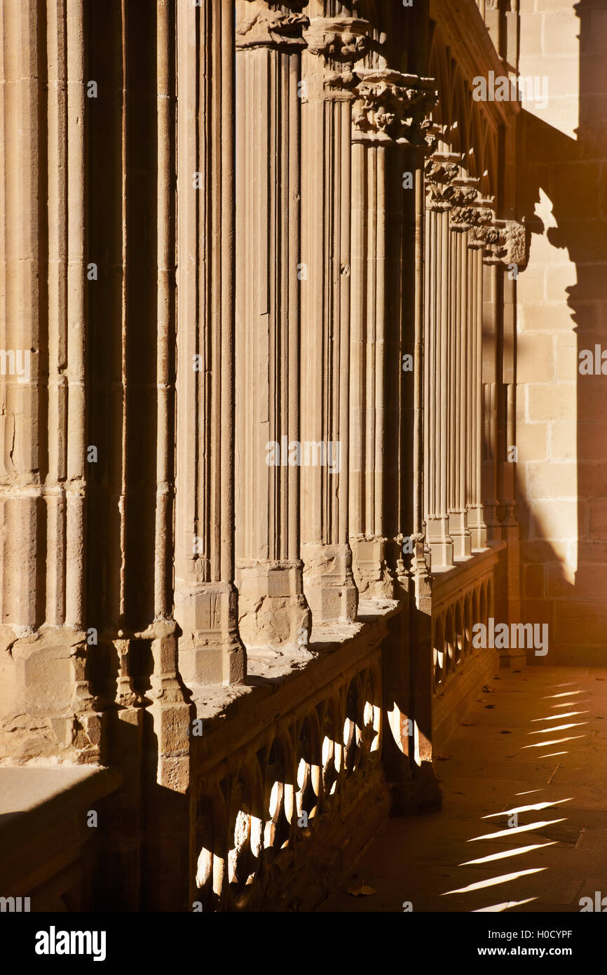 Romanesque columns with shadows at sunset in Navarra, Spain. Vertical ...